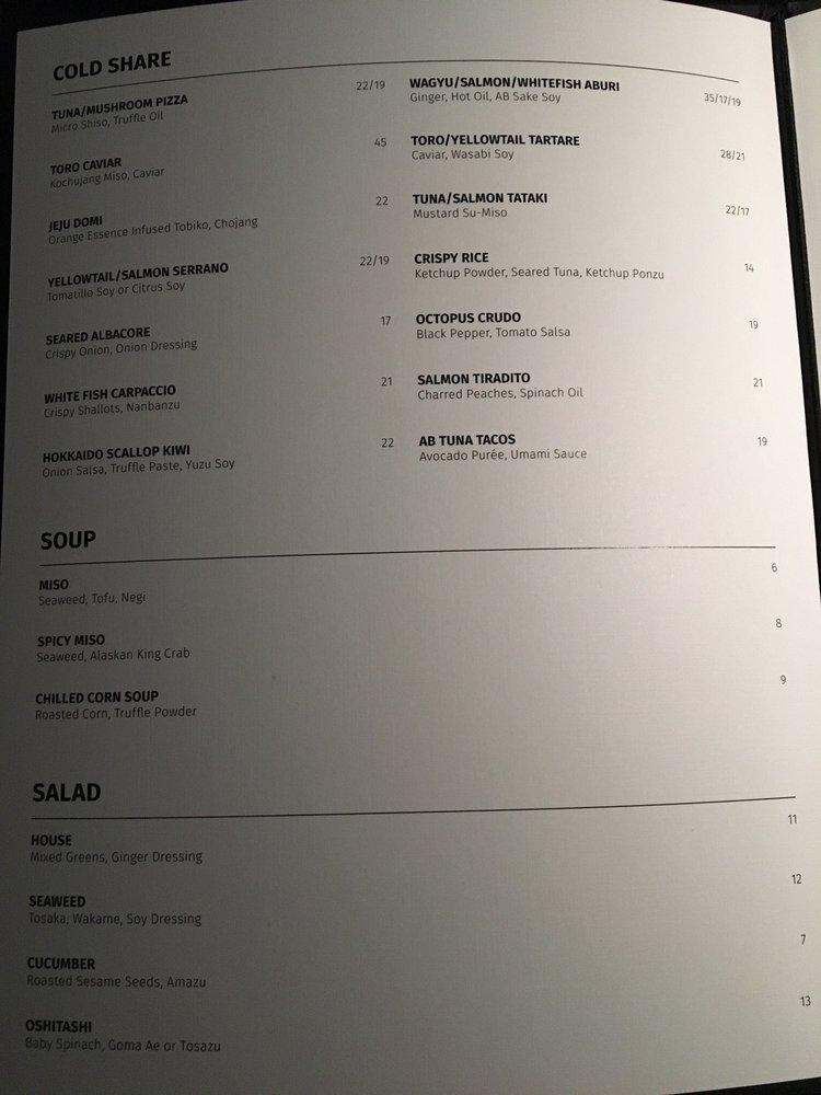 Menu at Akira Back restaurant, Toronto