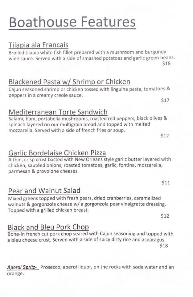 Menu at Boathouse Restaurant, Winona Lake