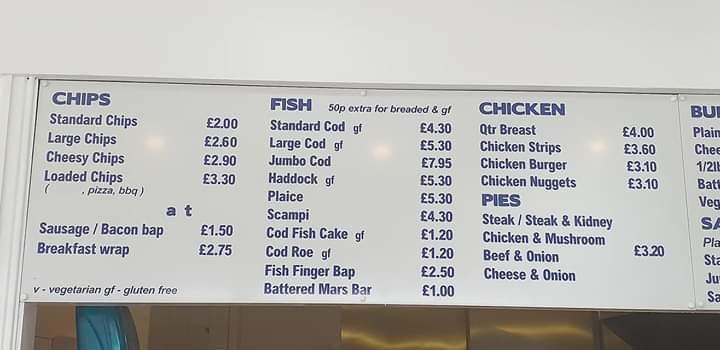 Menu at Captain Cod fast food, Christchurch