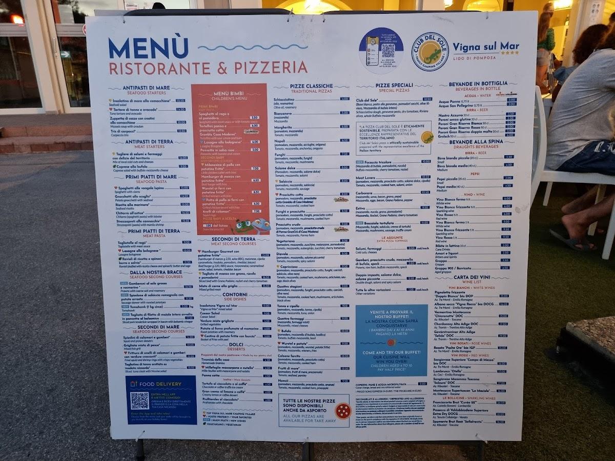 Menu at Club del Sole Ristorante, Lido degli Scacchi
