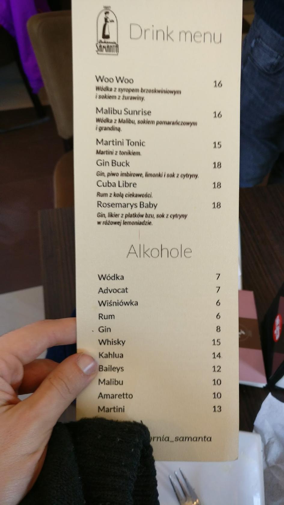 Menu at Cukiernia "Samanta" Cafe, Zakopane, Słoneczna 1a