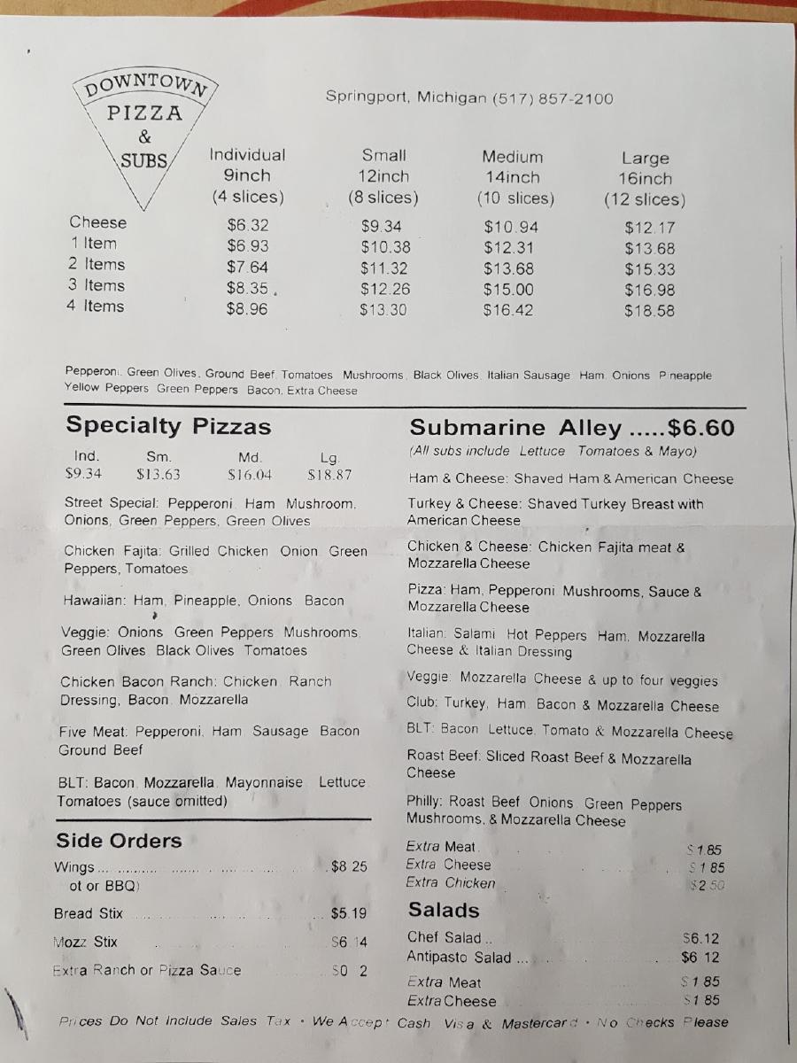 Menu at Downtown Pizza & Subs restaurant, Springport