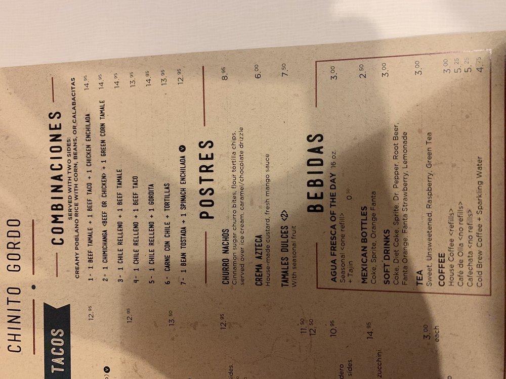 Carta del restaurante El Chinito Gordo, Tucson