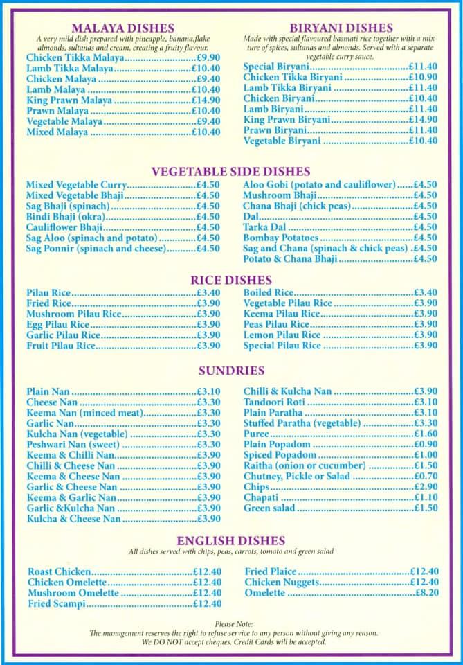 Menu at Indian Ocean restaurant, Nantwich
