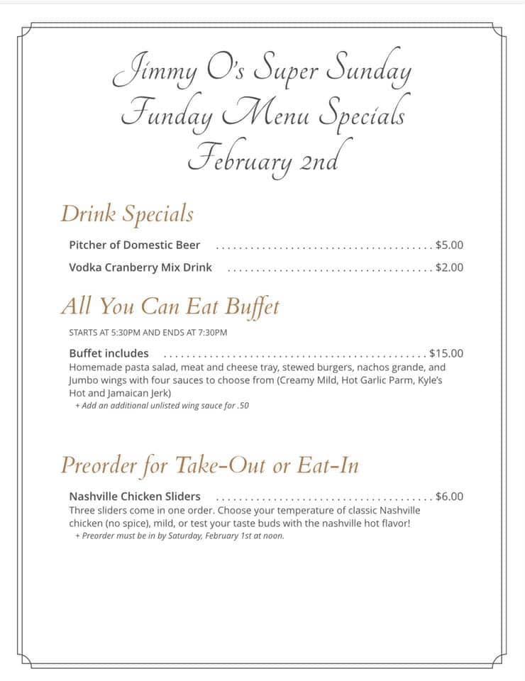 Menu at Jimmy O's Sports Bar, Frackville