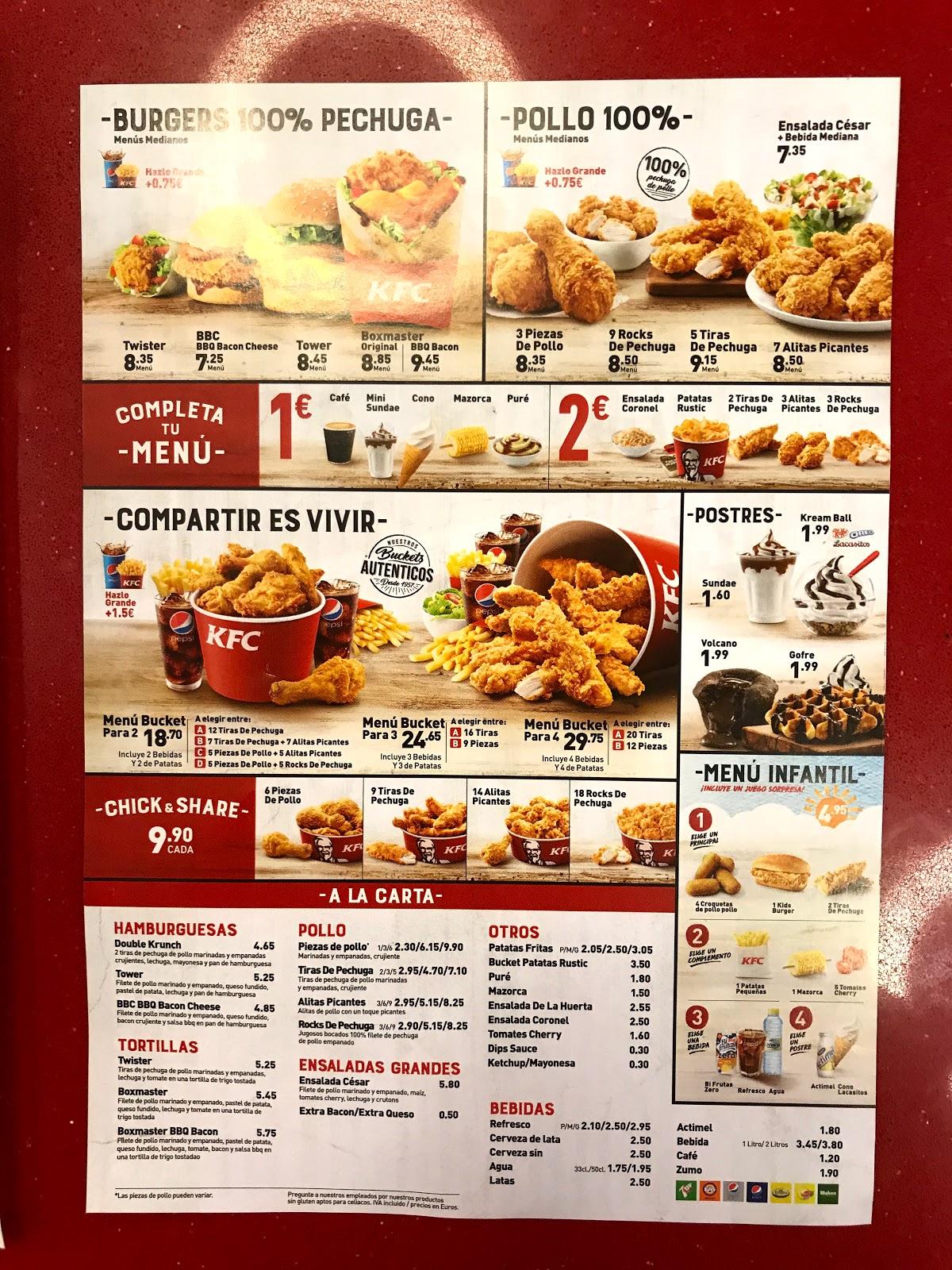 Menu at KFC fast food, Ibiza, Avinguda d'Ignasi Wallis