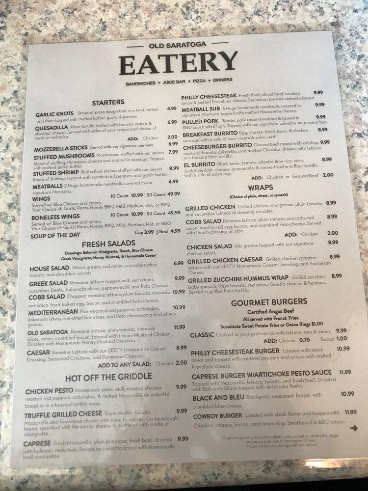 Menu at Old Saratoga Eatery pizzeria, Schuylerville