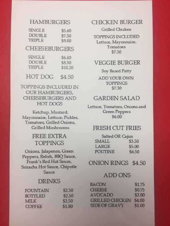 Menu at Outlaws Burgers and Fries restaurant, Thunder Bay