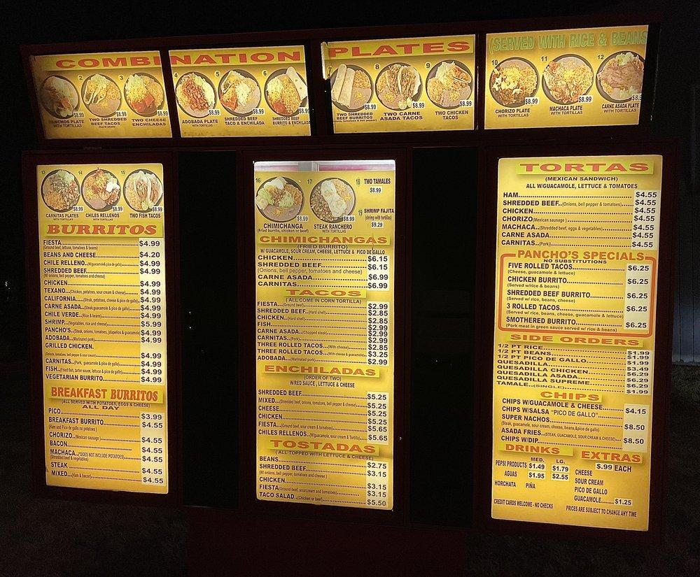 Menu at Pancho's Mexican Food restaurant, Salina