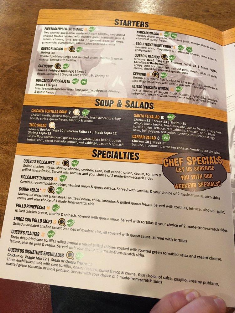 Menu at Queso's Burlington pub & bar, Burlington