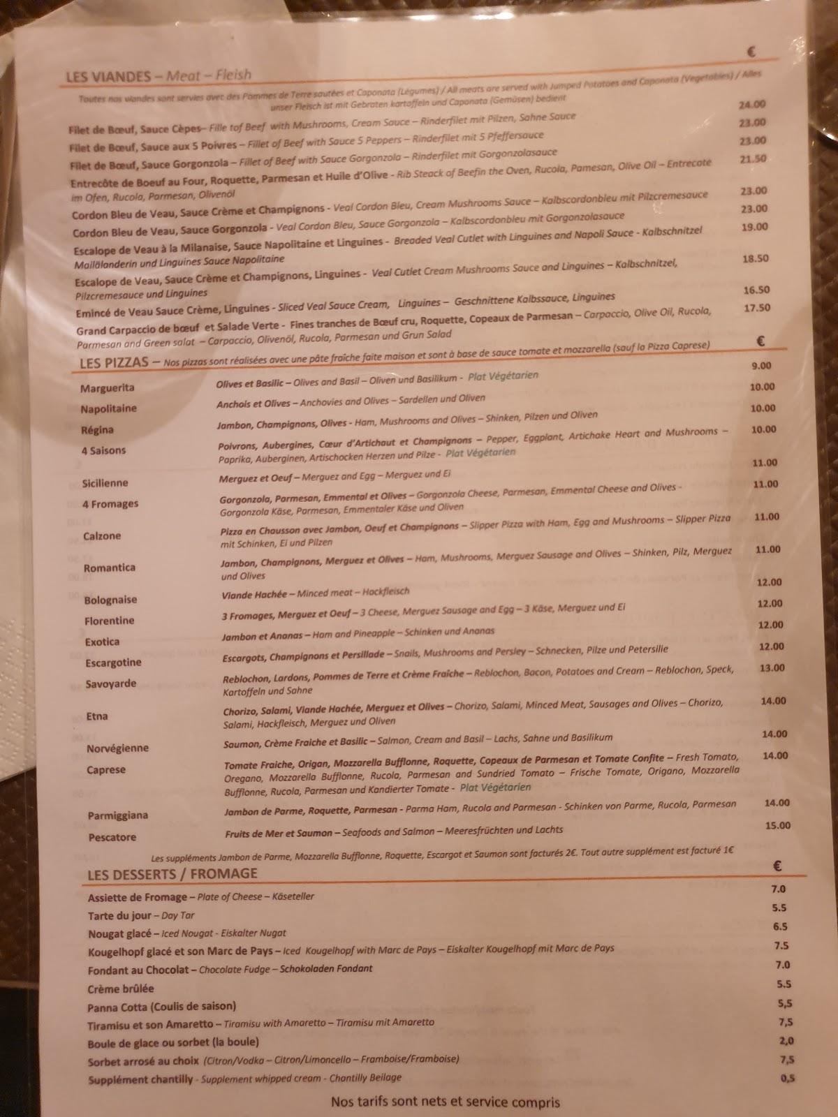 Carta de Restaurant La Romantica, Colmar
