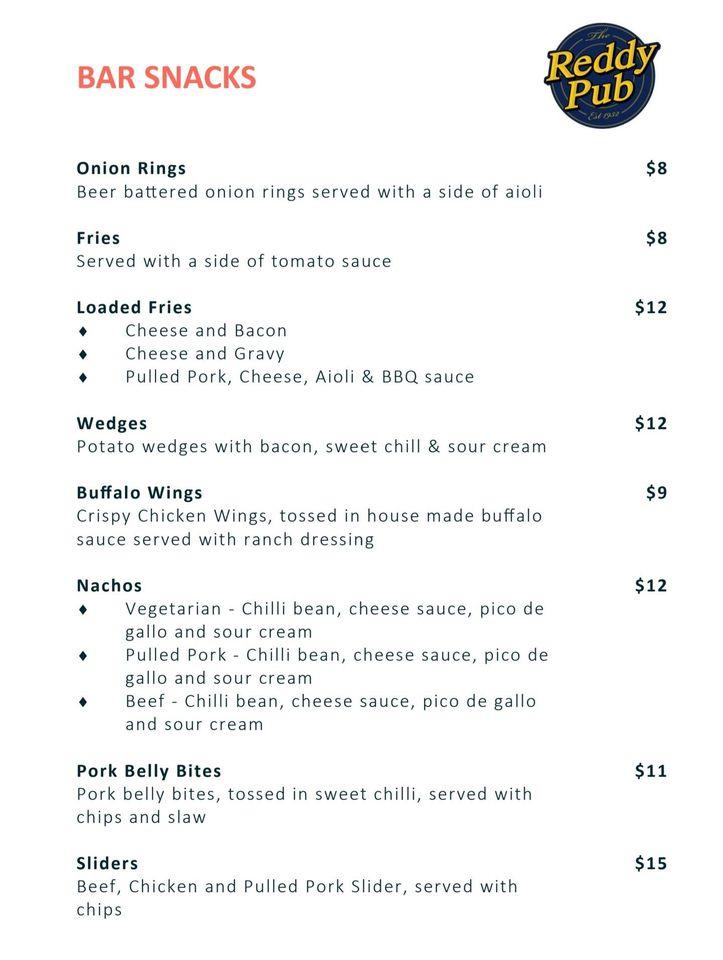 Menu at The Reddy Pub, Red Cliffs