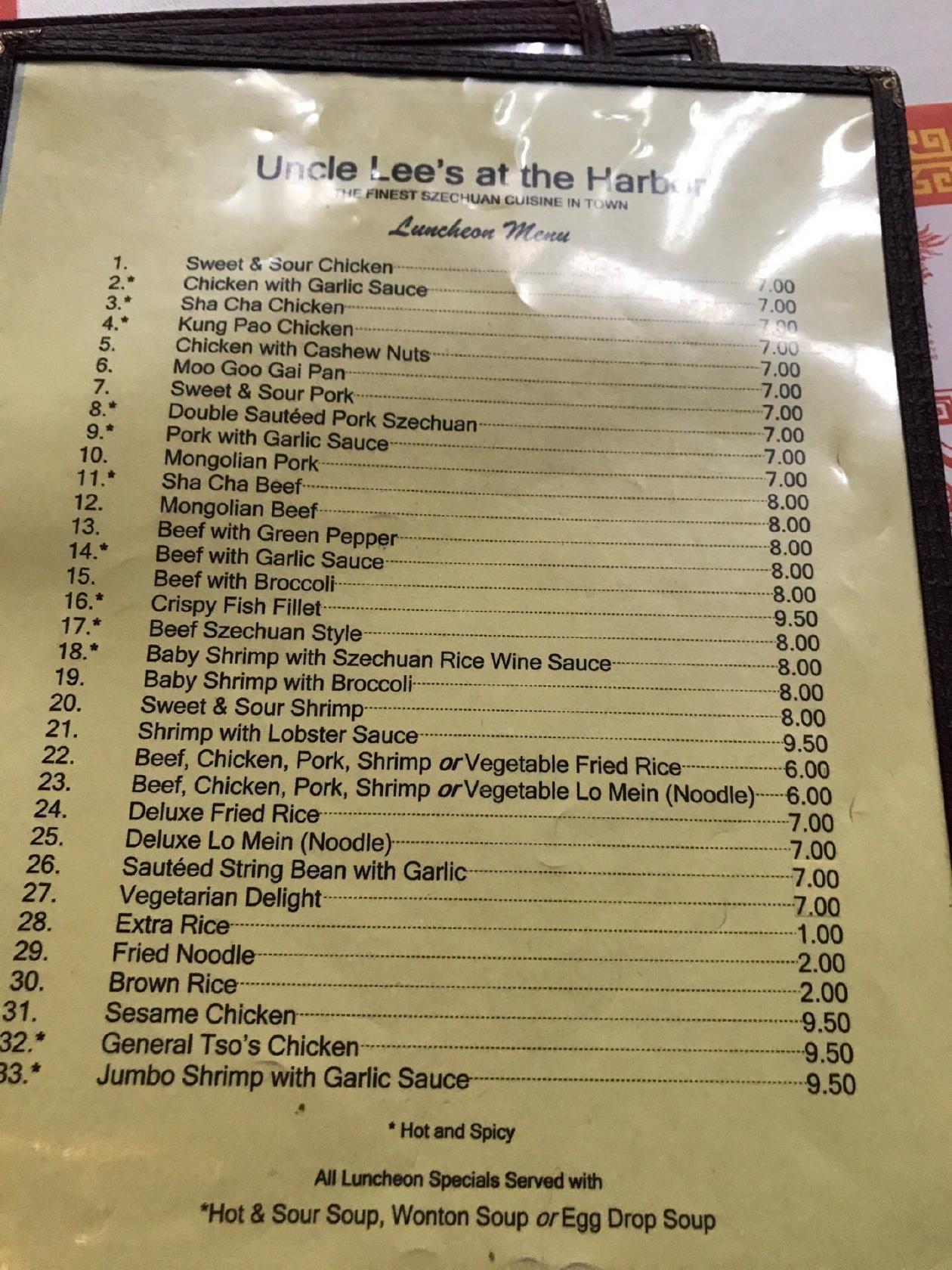 Menu at Uncle Lee's Harbor Restaurant, Baltimore