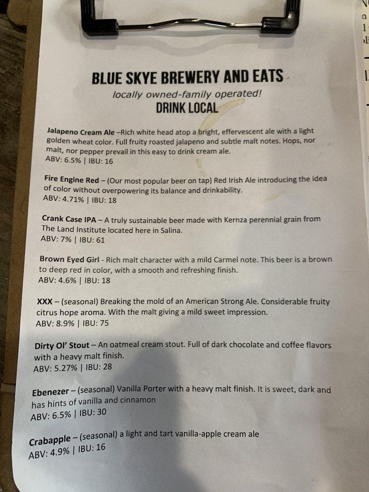 Menu at Blue Skye Brewery and Eats pub & bar, Salina