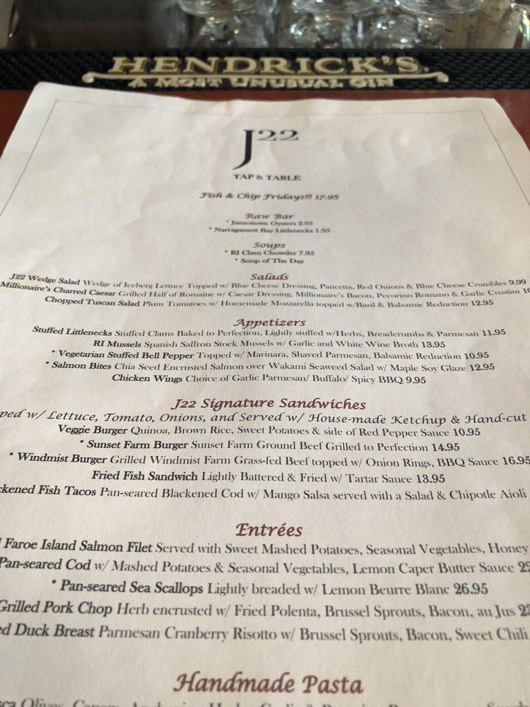 Menu at J22 Tap and Table pub & bar, Jamestown