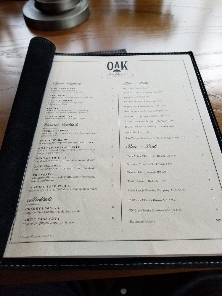 Menu at Oak Steakhouse, Nashville