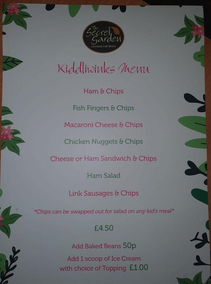 Menu at The Secret Garden cafe, Ayr