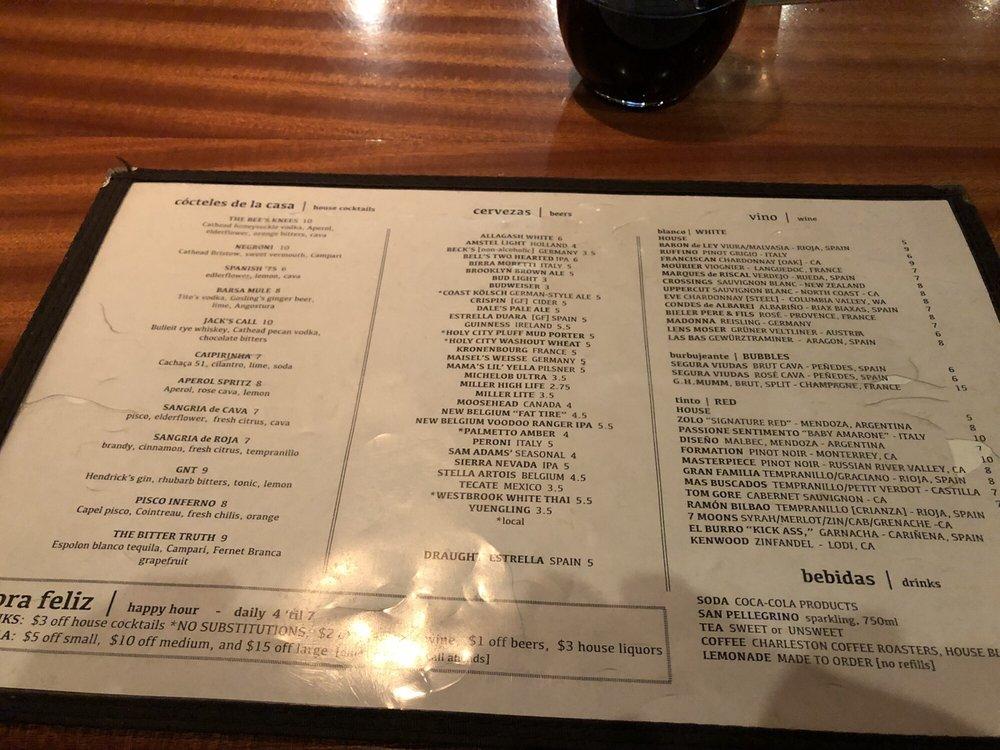 Menu at Barsa, Charleston