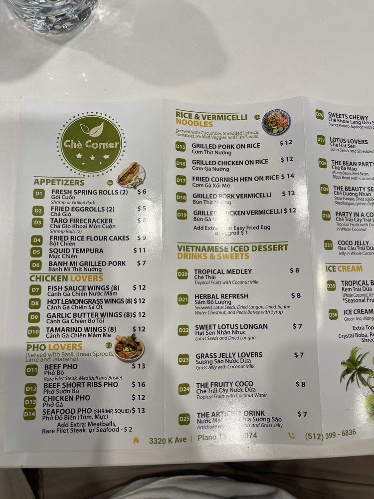 Menu at Chè Corner desserts, Plano