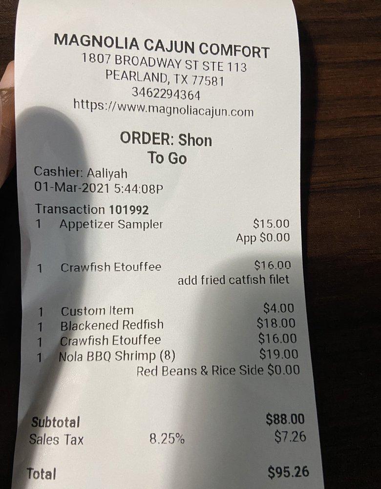 Menu at Magnolia restaurant, Pearland