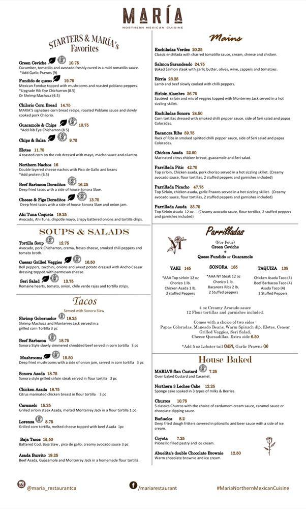 Menu at Maria Northern Mexican Cuisine restaurant, Edmonton