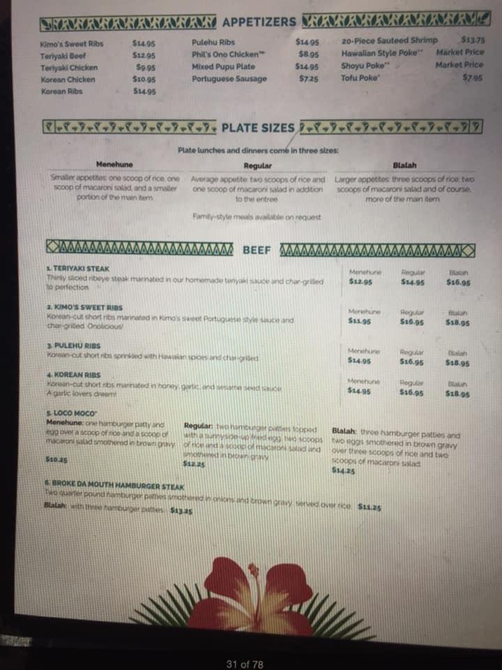 Menu at Noho's Hawaiian Cafe, Medford, 330 E McAndrews Rd