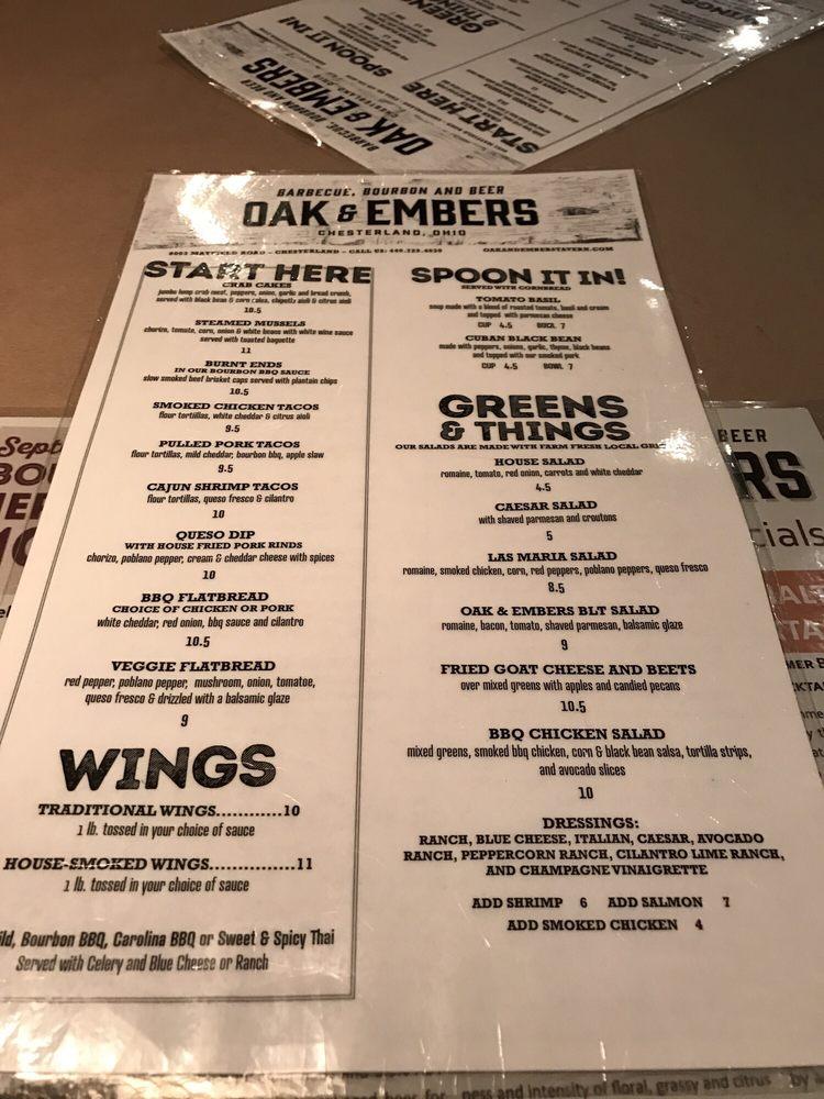 Menu at Oak & Embers Tavern restaurant, Chesterland