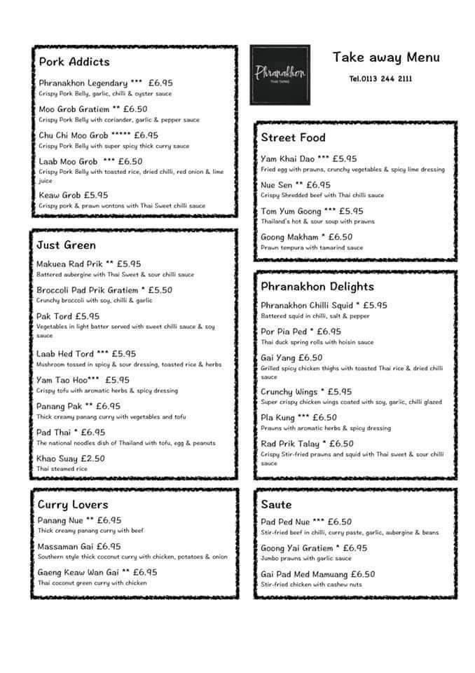 Menu at Phranakhon restaurant, Leeds