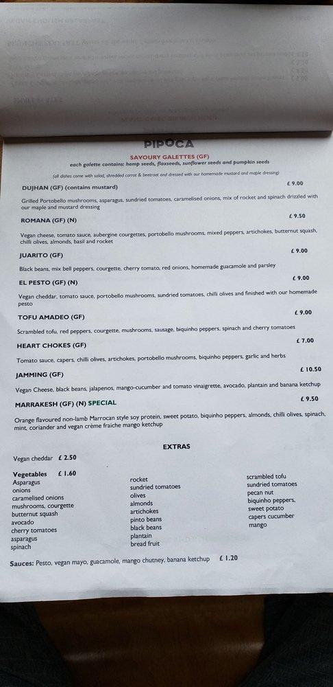 Menu at Pipoca Vegan restaurant, London