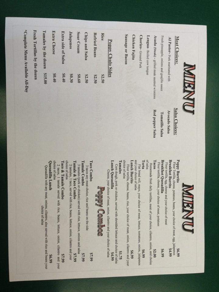 Menu at Poppy Chulos restaurant, Enid