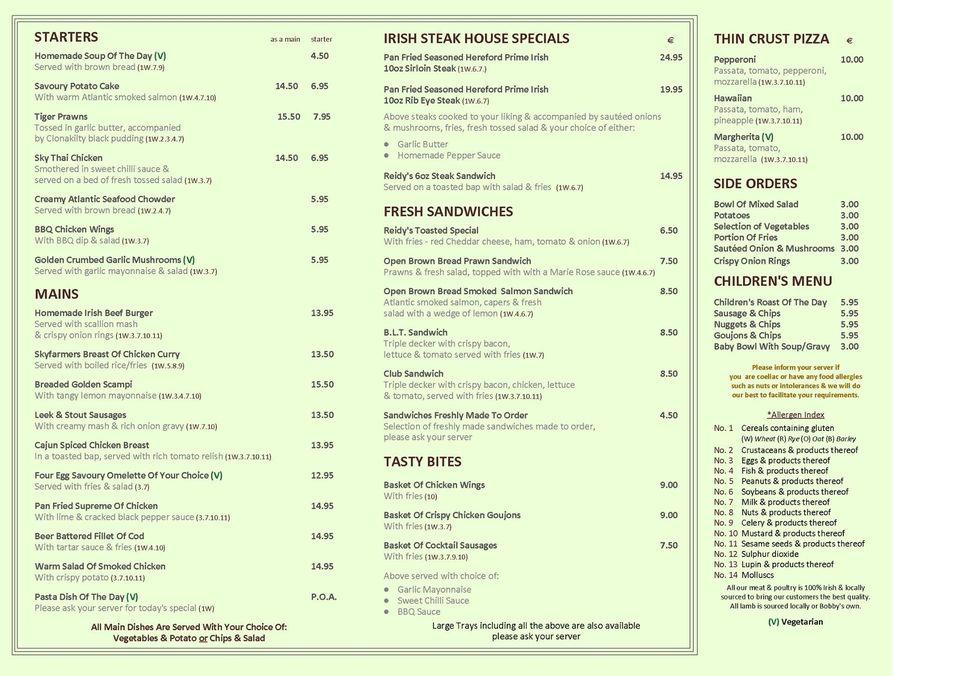 Menu at Reidys of Newtown pub & bar, Ireland
