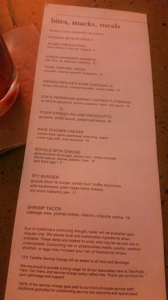 Menu at The Front Yard restaurant, Universal City