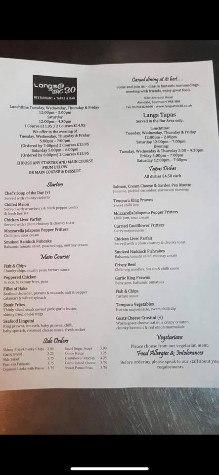 Carta de Lang's Restaurant, Preston