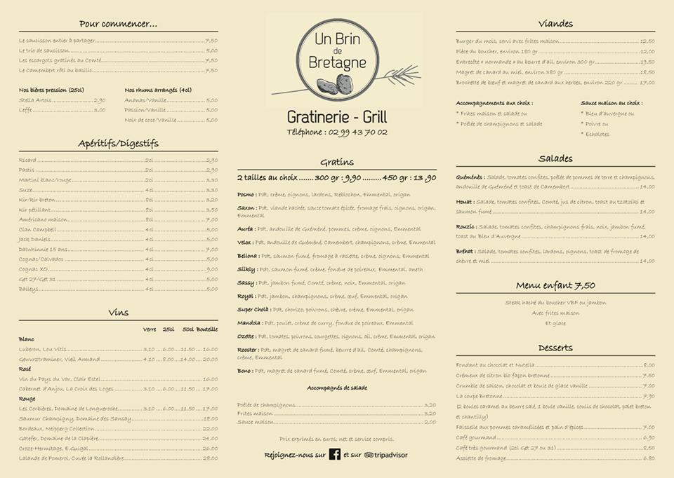 Menu au Un Brin De Bretagne restaurant, Bain-de-Bretagne