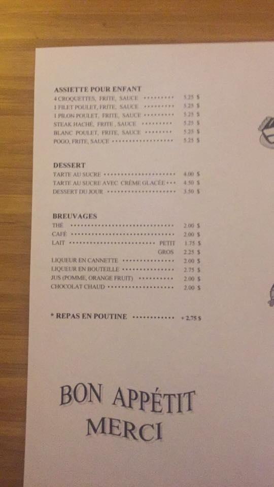 Menu at Chez Bergeron cafe, Bonaventure