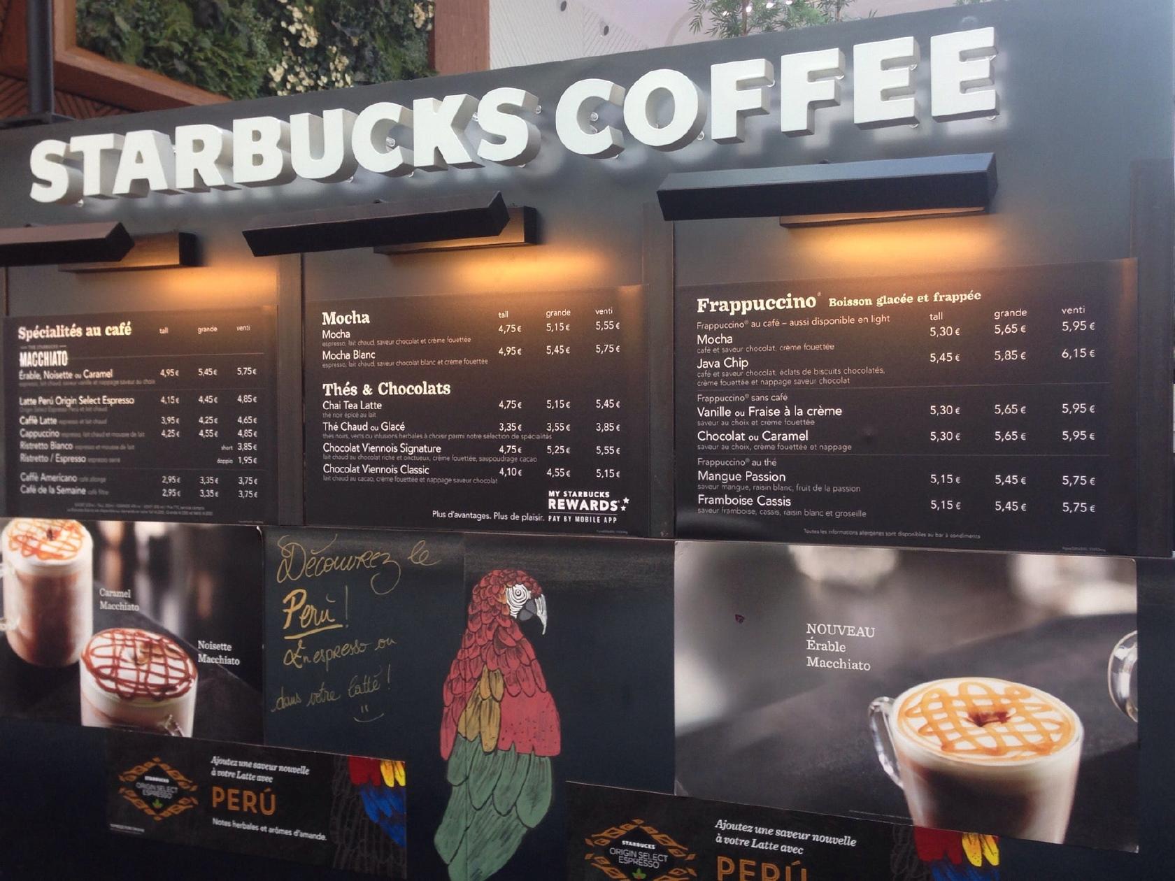 Menu au Starbucks, Paris, Gare du Nord