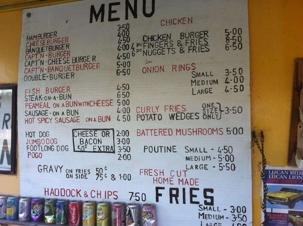 Menu at Capt'n Fry's Chip Wagon fast food, Milton, 51 Steeles Ave E