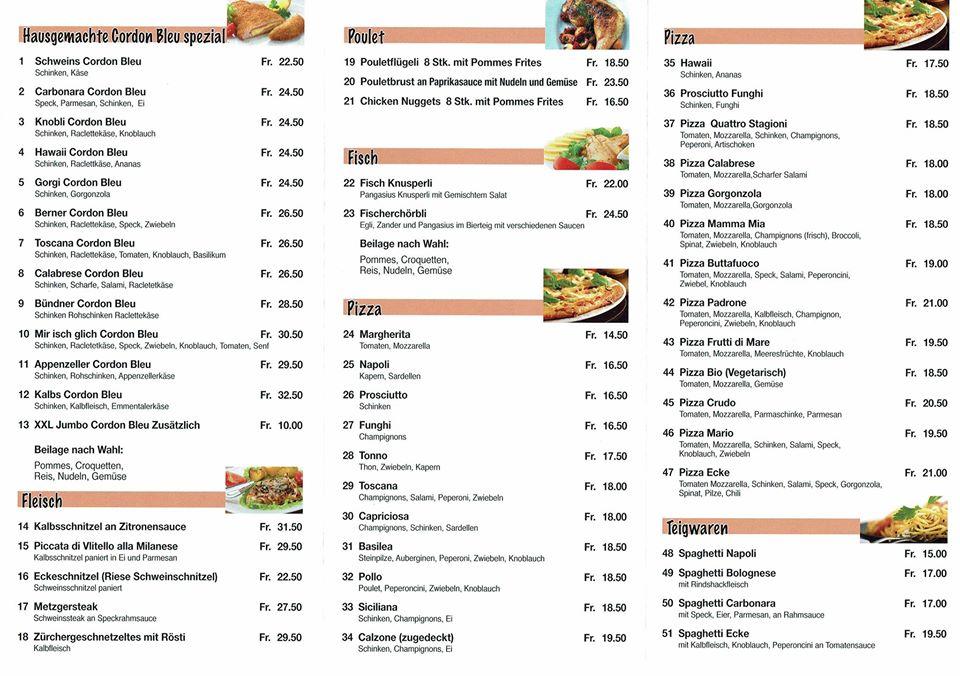 Menu at Ecke Express, Zürich