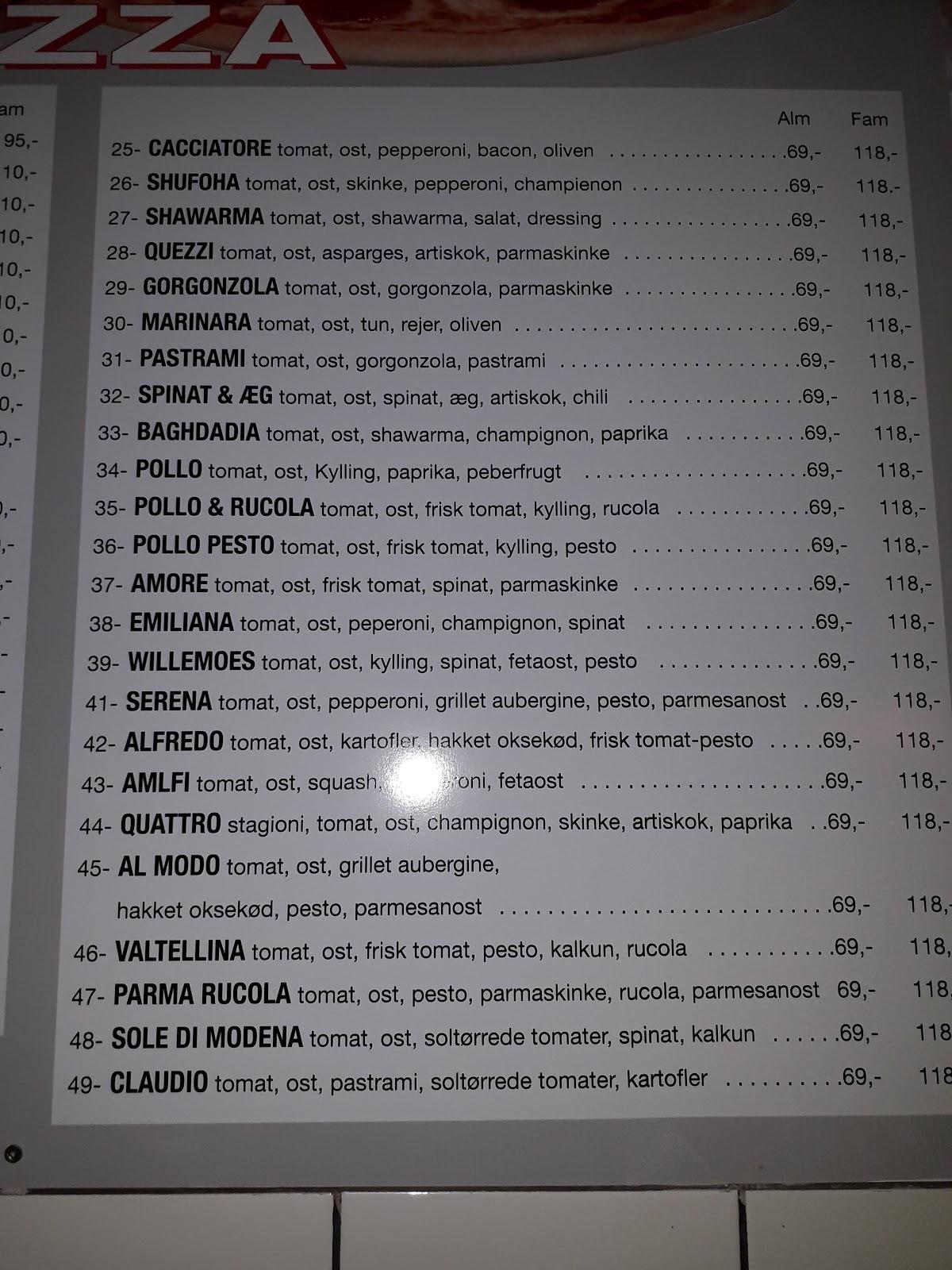 Menu at Lago Di Marco pizzeria, Copenhagen