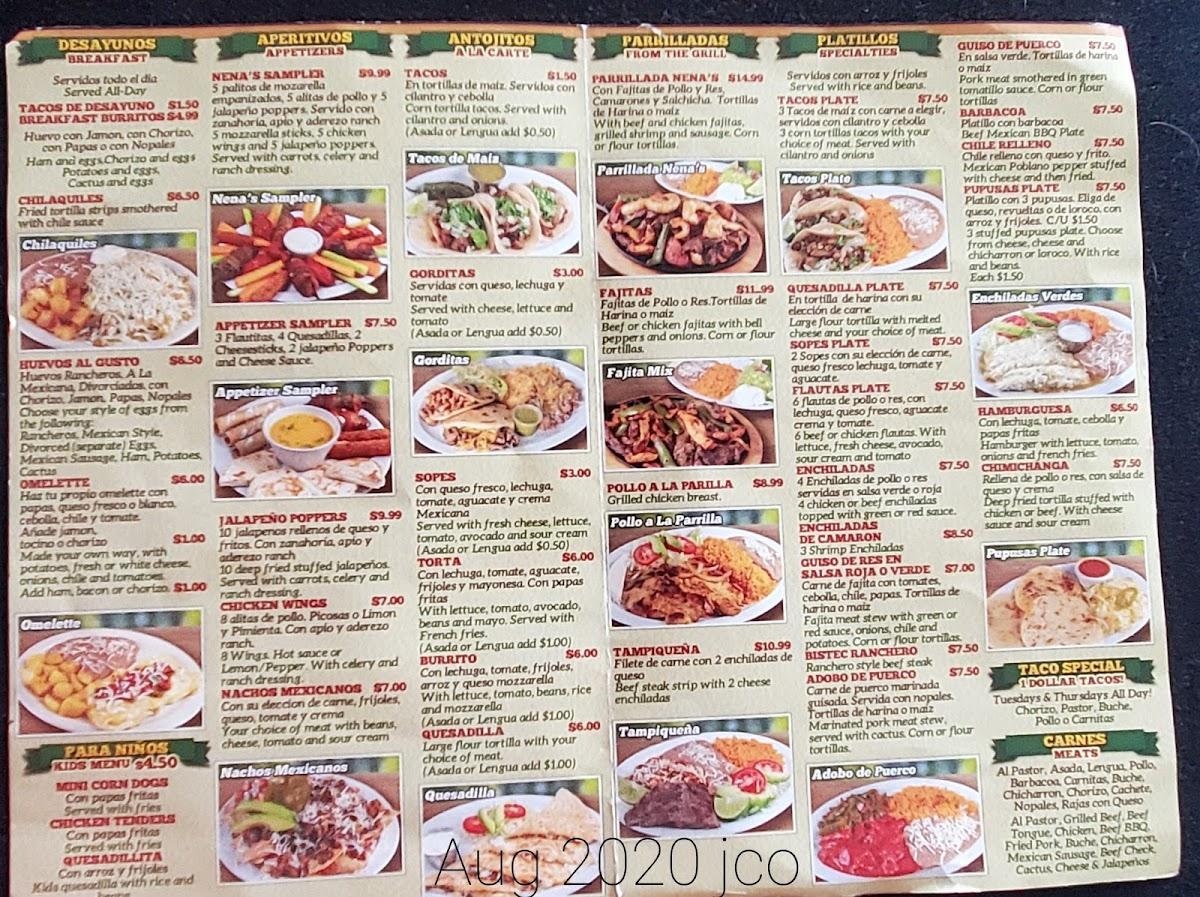 Menu at Nena's Mexican Restaurant, Haltom City
