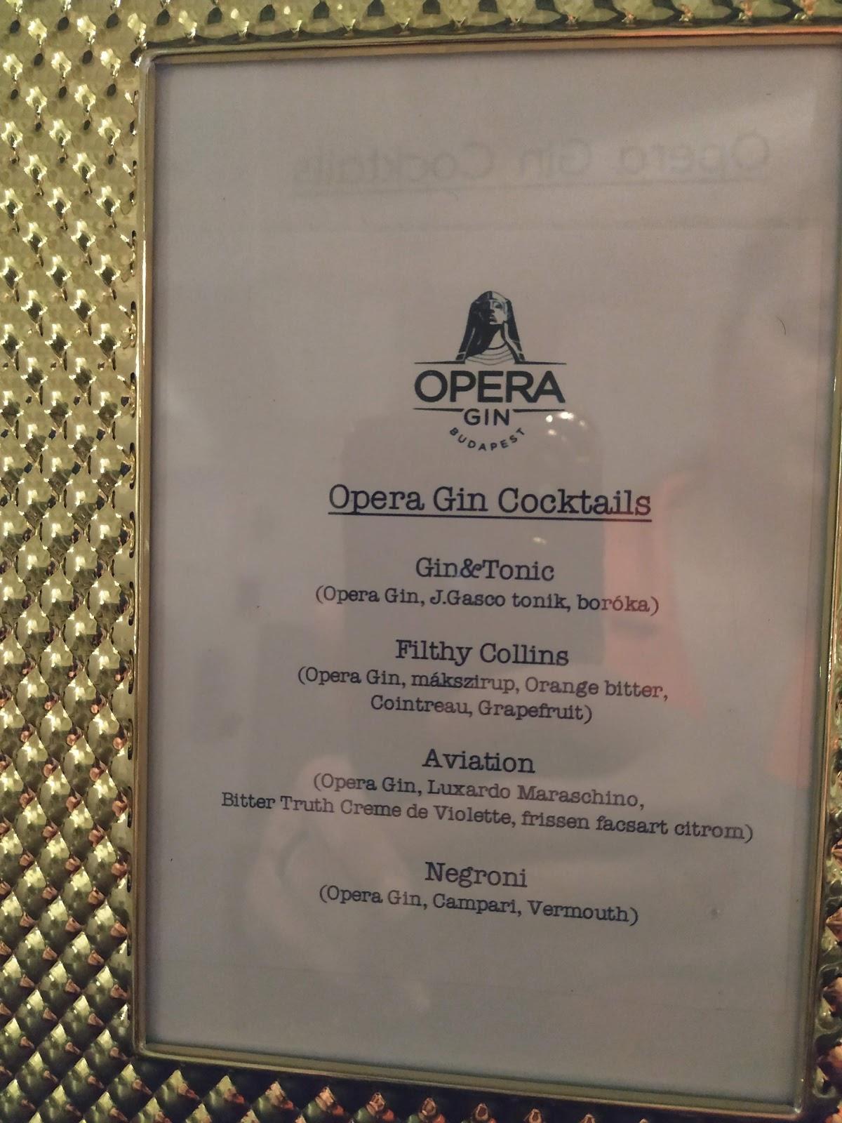 Menu at Opera Gin Budapest pub & bar, Budapest