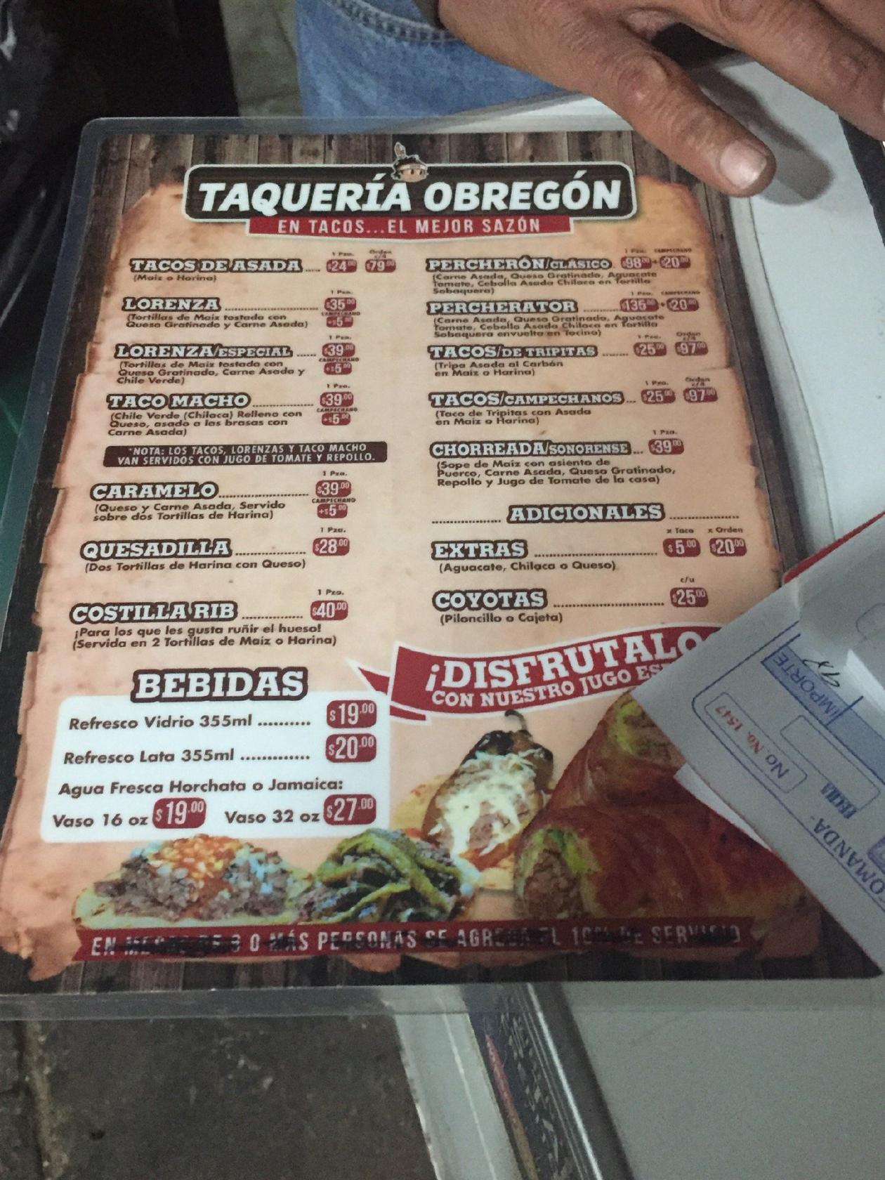 Carta del restaurante Taqueria Obregon, Chihuahua, Montes Americanos