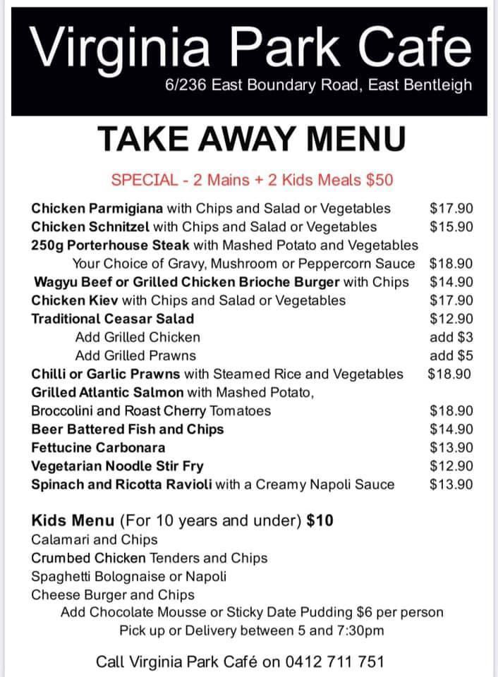 Menu at Virginia Park Cafe., Bentleigh East