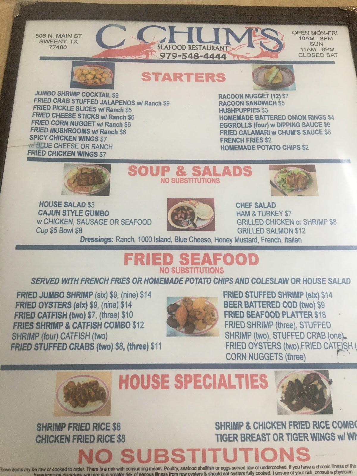 Menu at C Chum's Seafood restaurant, Sweeny
