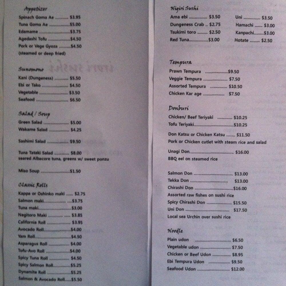 Menu at Irori Sushi restaurant, Vancouver