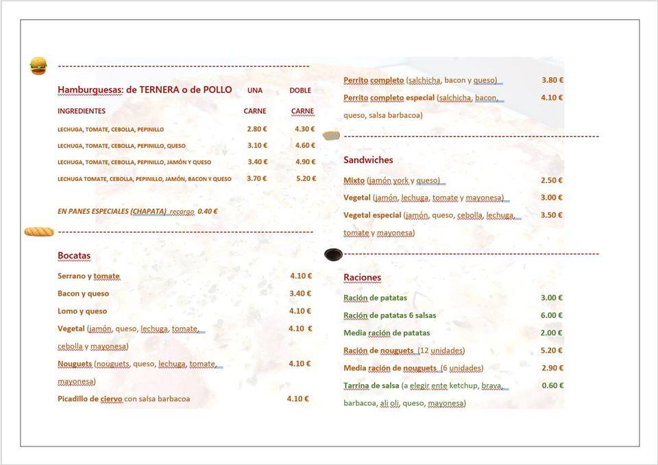 Carta de pizzería Pizzaiola, Numancia de la Sagra