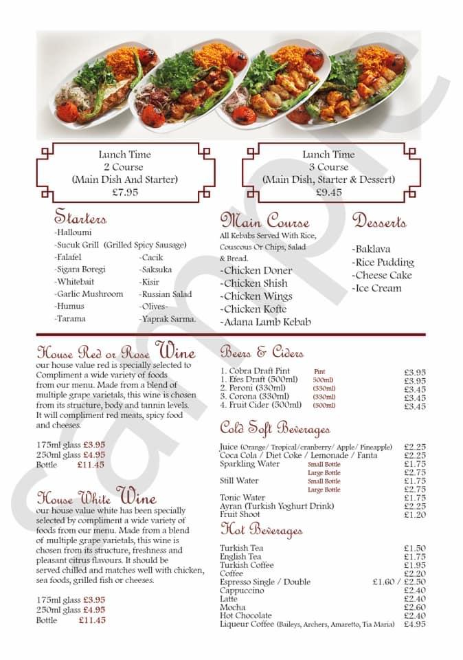 Menu at Deniz Restaurant, Basildon