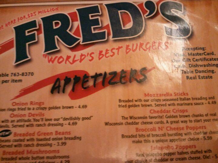 Menu at Fred's Parkview restaurant, Burlington