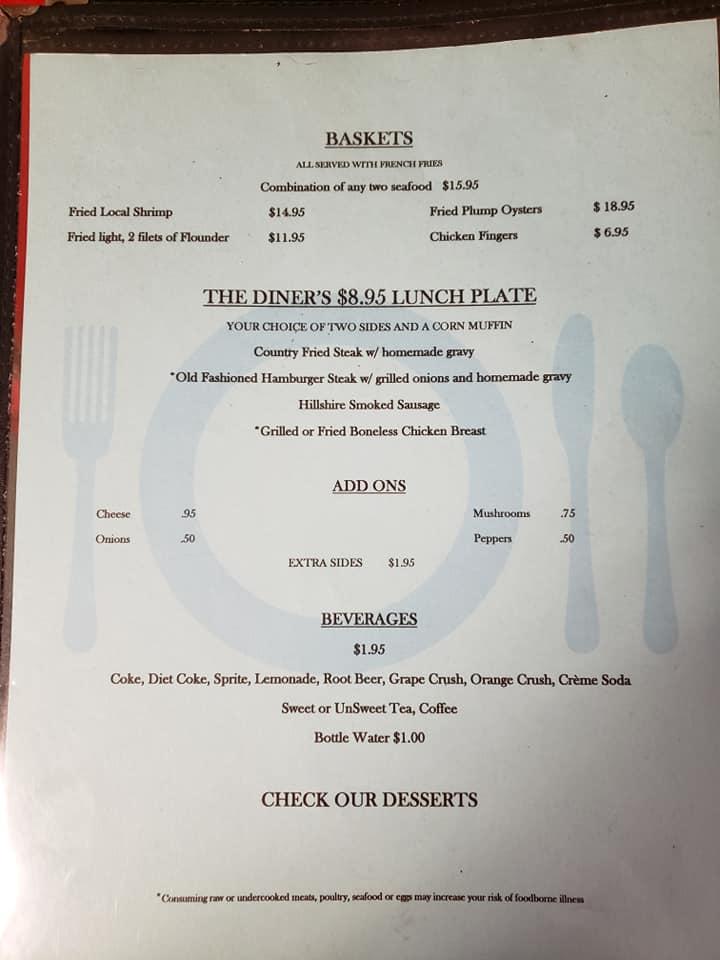 Menu at McClellanville Diner restaurant, McClellanville