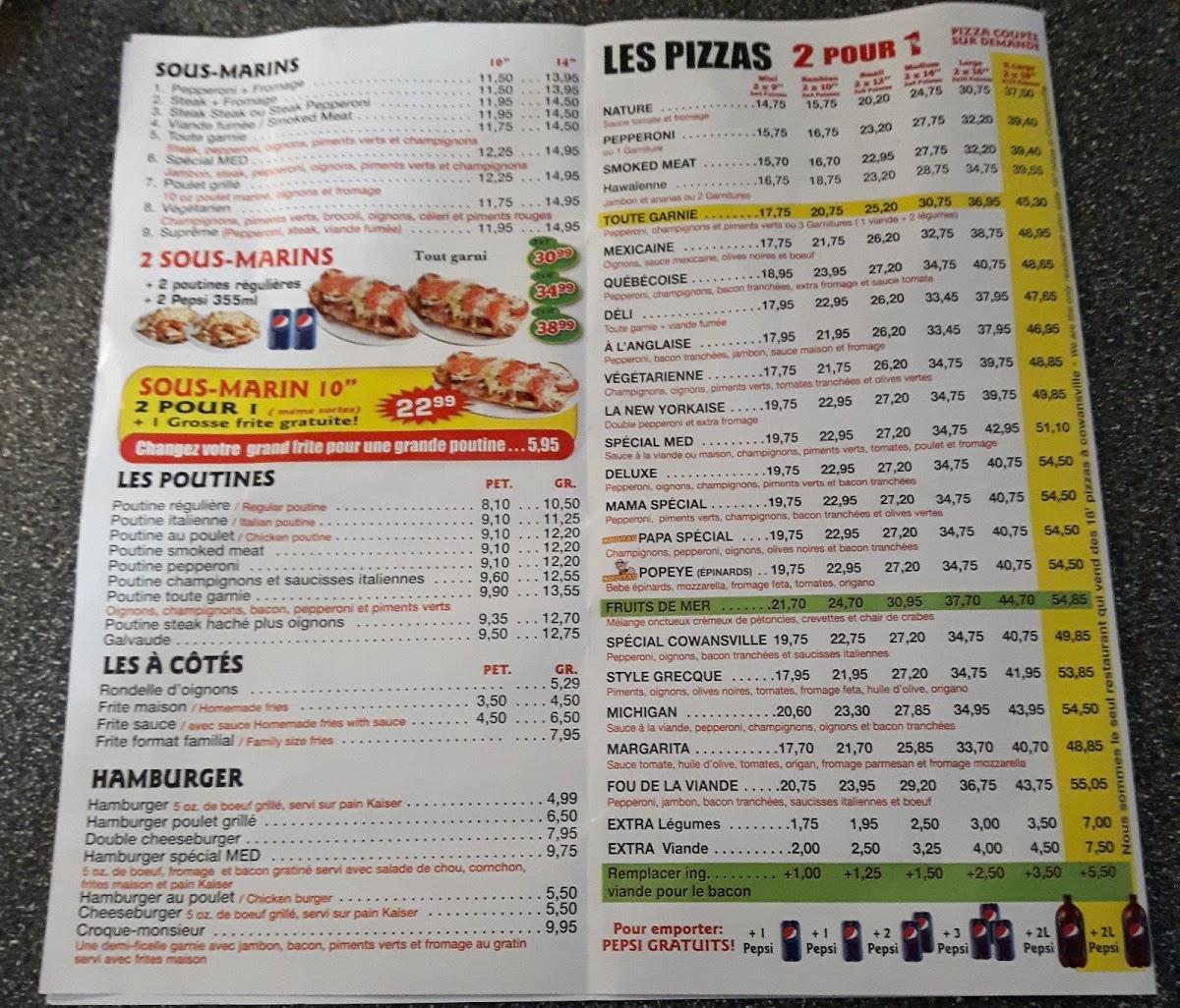 Menu au Restaurant MED Pizza Cowansville, Cowansville